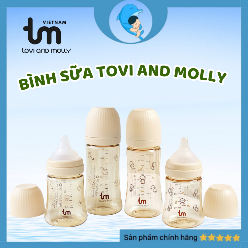 Bình sữa Tovi and Molly DOT RAMI Hàn Quốc đủ size 180ml/ 280ml in hình sóc/chó cho bé, hỗ trợ ...