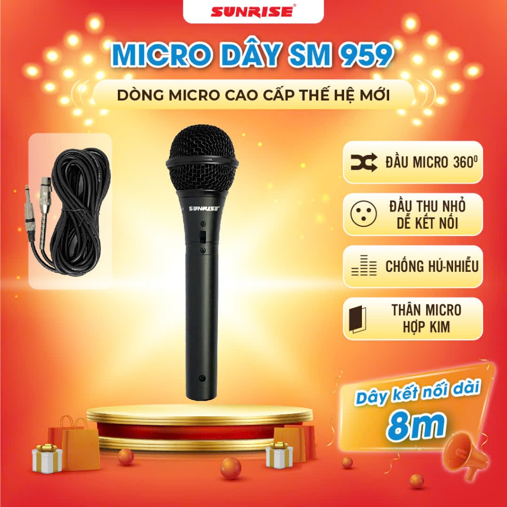 Micro karaoke có dây chính hãng Sunrise SM-959 hát nhẹ, thu âm hay mic kèm dây zin dài 8m chống ...