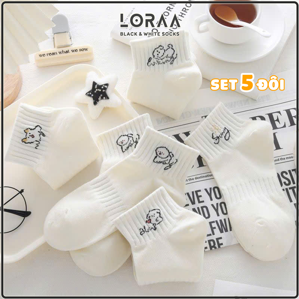 Tất vớ nữ cổ ngắn chất liệu mềm mại co giãn 4 chiều, vớ set 5 đôi họa ...