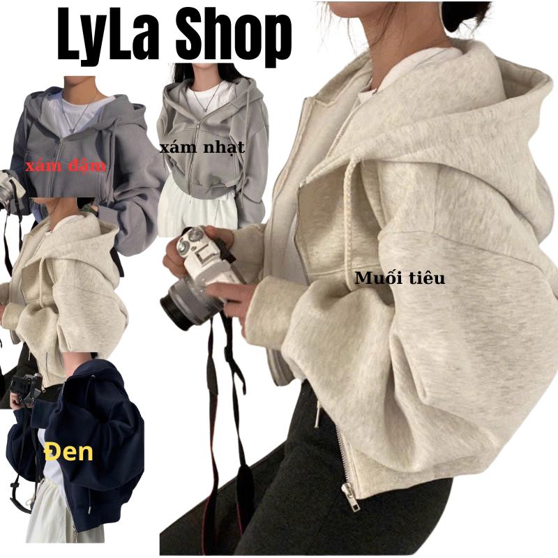 Áo khoác nỉ 2 da croptop LyLa Shop dáng rộng siêu xinh phong cách Hàn Quốc, Áo khoác thu đông nữ ...