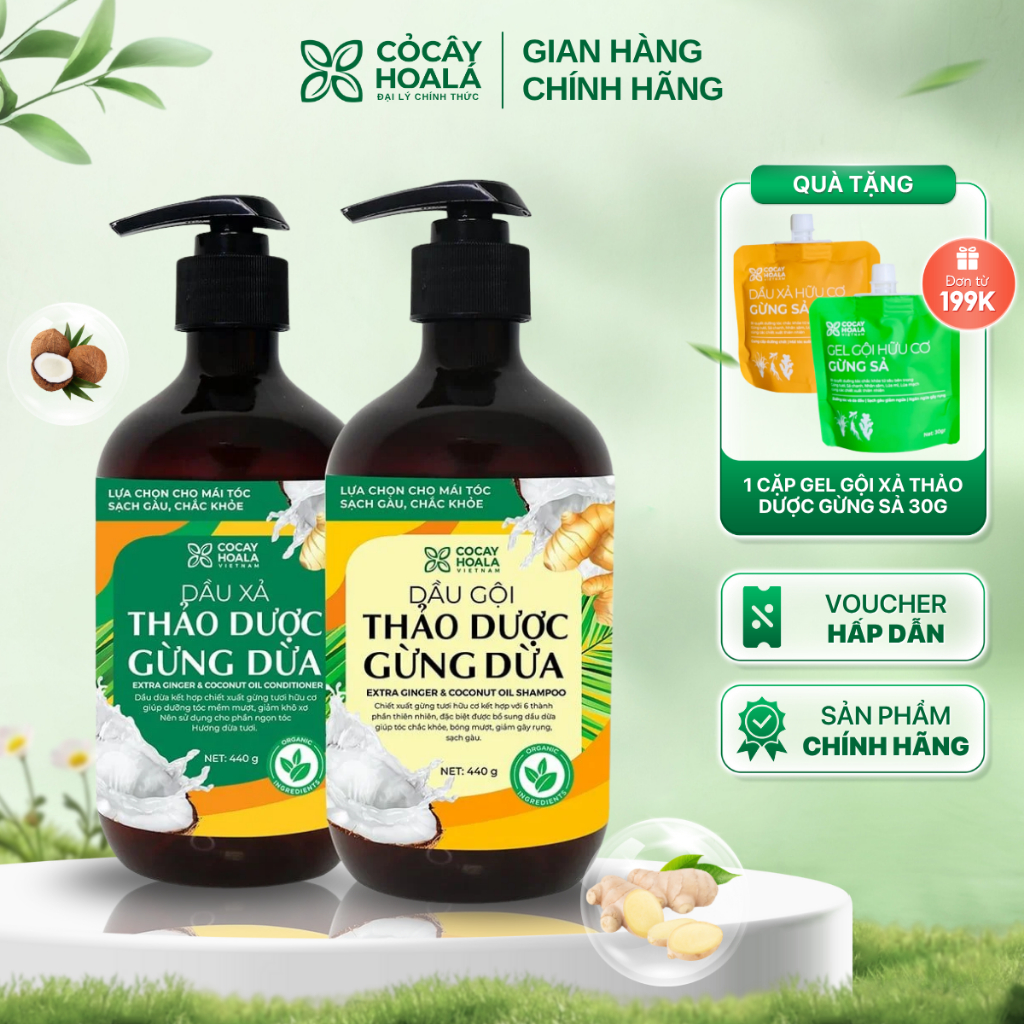 Combo dầu gội xả thảo dược Gừng Dừa 440g giảm gàu ngứa, ngăn rụng kích ...