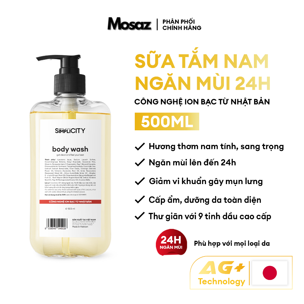 Sữa tắm nam ngăn mùi 24h Ion bạc, tinh dầu cao cấp Men Stay Simplicity ...