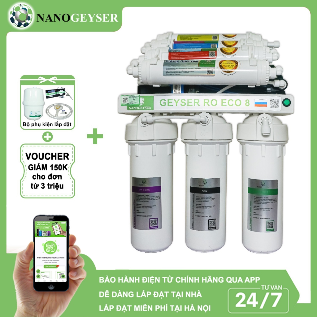 Máy lọc nước tinh khiết Nano Geyser RO ECO 8, Công nghệ lọc tinh khiết, Bổ sung khoáng chất tự ...