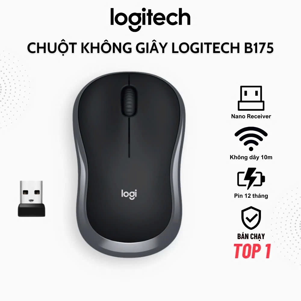 Chuột không dây Logitech B175 Wireless USB 2.4Ghz, pin 12 tháng, thuận ...