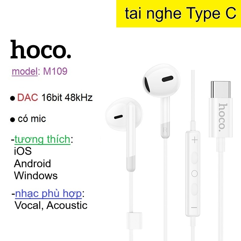 Tai nghe Type C có mic Hoco M109 DAC 16bit 48kHz dùng cho điện thoại ...