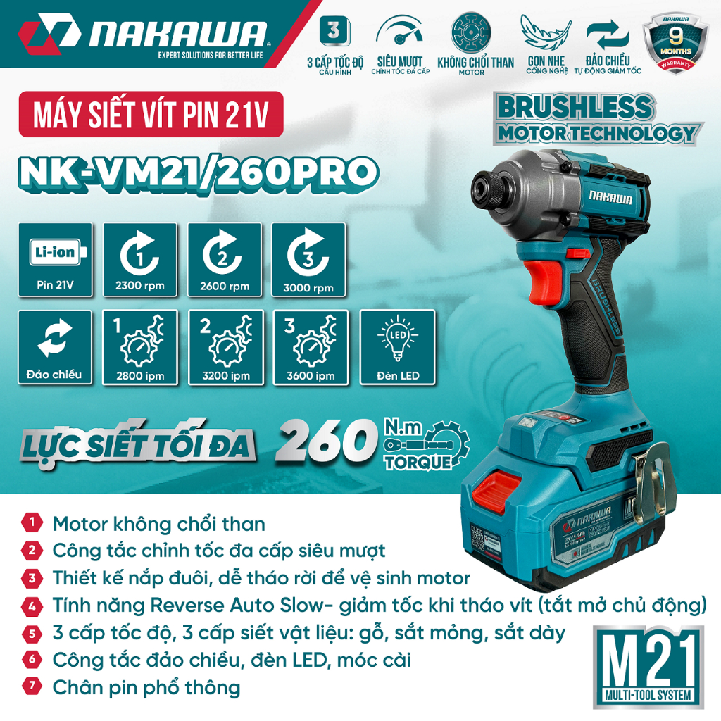 Máy siết vít pin NAKAWA NK-MV21/260PRO không chổi than - 21V - 3 tốc độ ...