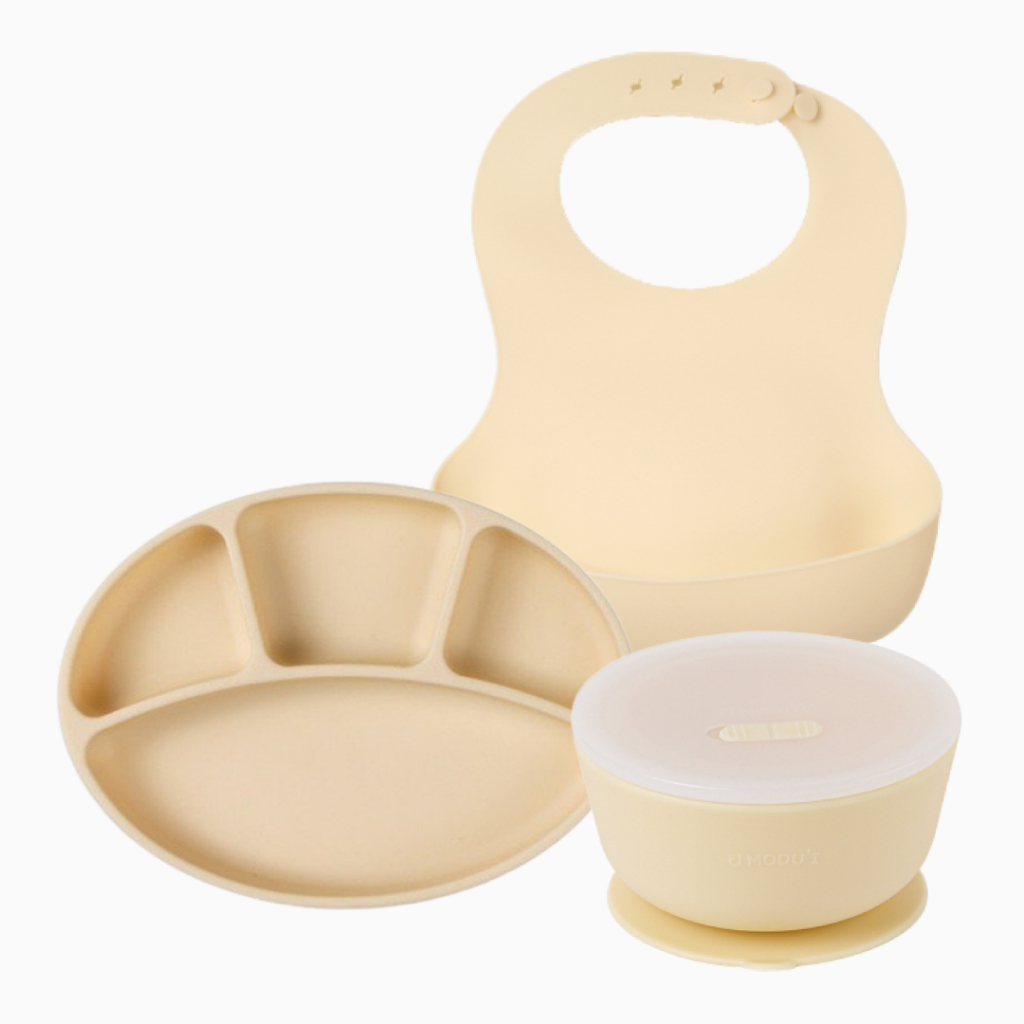 Combo Khay ăn dặm oval 4 ngăn & Yếm không họa tiết & Bát ăn dặm silicone Bạch kim Modui Bluemama ...