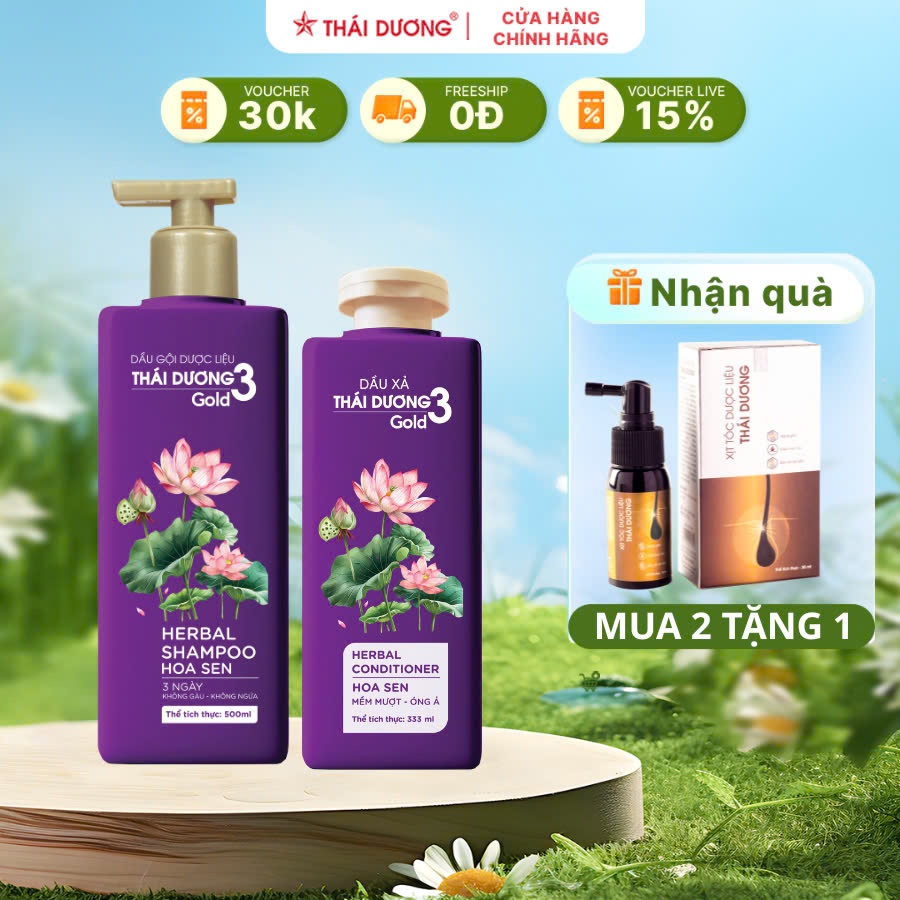 Mua Cặp dầu gội Thái Dương 3 Hoa Sen (Gội 500ml + Xả 333ml) Tặng 1 xịt tóc dược liệu Thái Dương ...