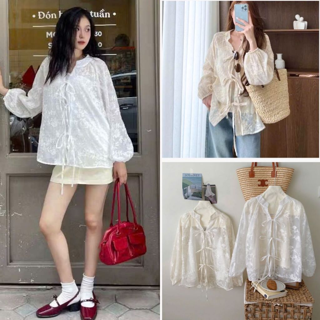 (Kèm Áo 2 Dây) Áo Babydoll Ren Thêu Hoa Nổi Tay Phồng Cổ Tàu Thắt Nơ ...