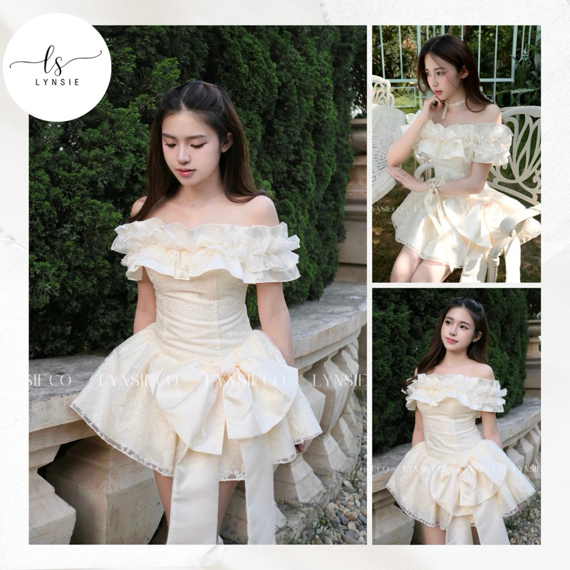 [Leicy Dress] Váy trễ vai bèo 2 tầng phối ren đính kèm nơ bản to (Ảnh ...