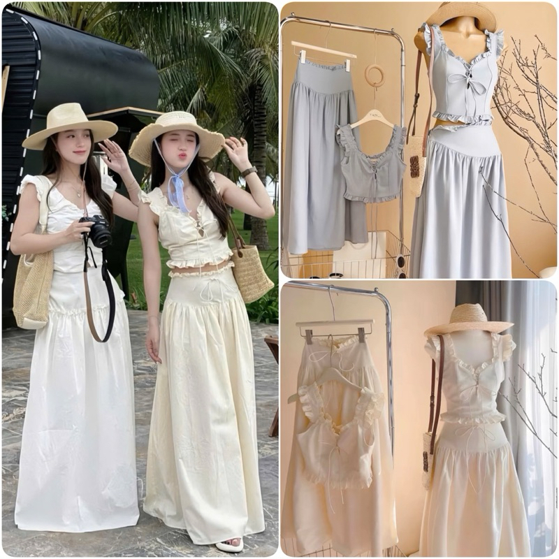 Sét Váy Maxi Thô Đan Dây Áo + Chân Váy Dài Xẻ Tà Có Quần Trong (MX7) | Shopee Việt Nam