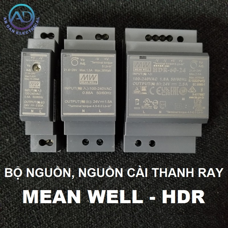 Bộ nguồn 24V, Nguồn cài thanh ray 24VDC, Mean Well HDR-15-24 HDR-30-24 ...