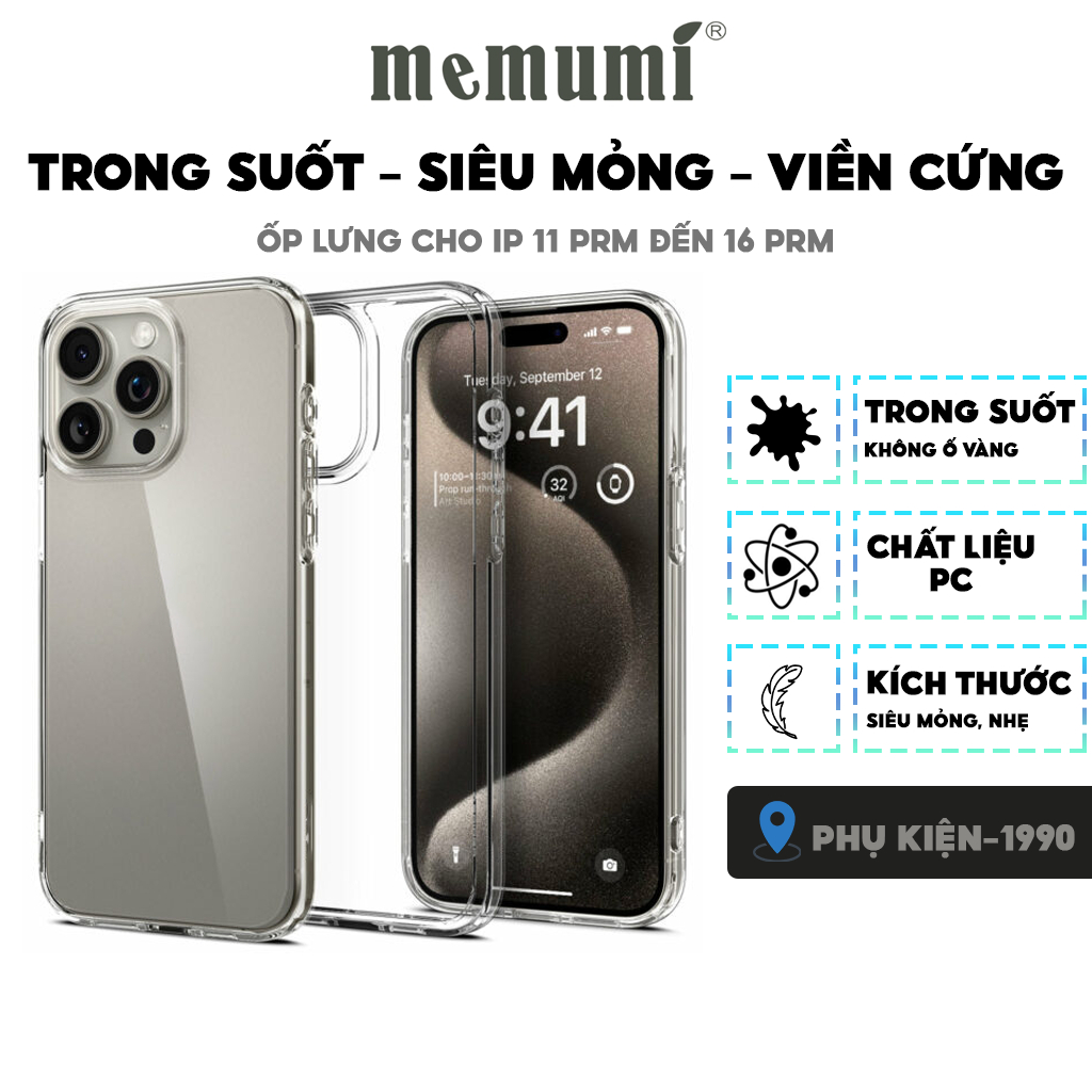 Ốp lưng CHÍNH HÃNG Memumi Clear trong suốt-không ố vàng-lưng cứng-viền ...
