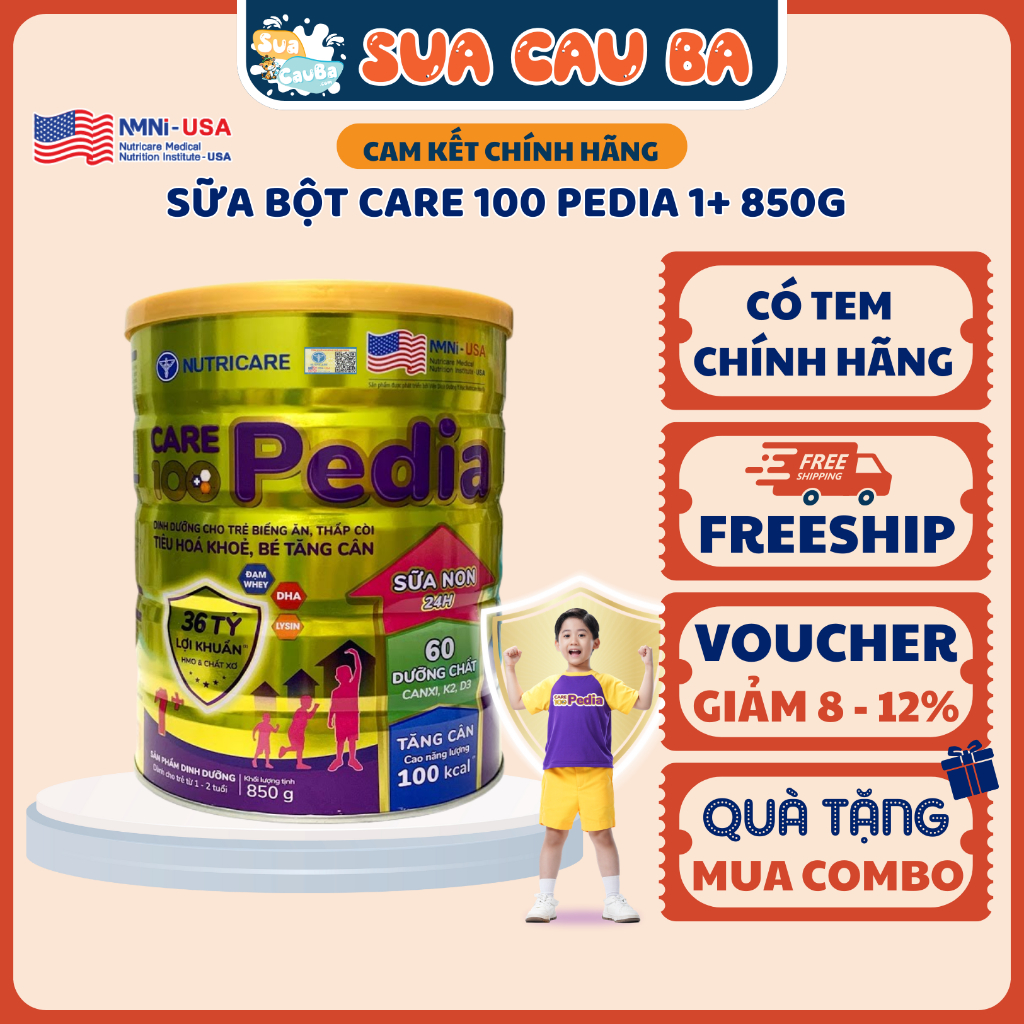 Sữa bột Nutricare Care 100 Pedia 1+ 36 tỷ lợi khuẩn tiêu hóa khỏe, tăng cân và chiều cao (Lon ...