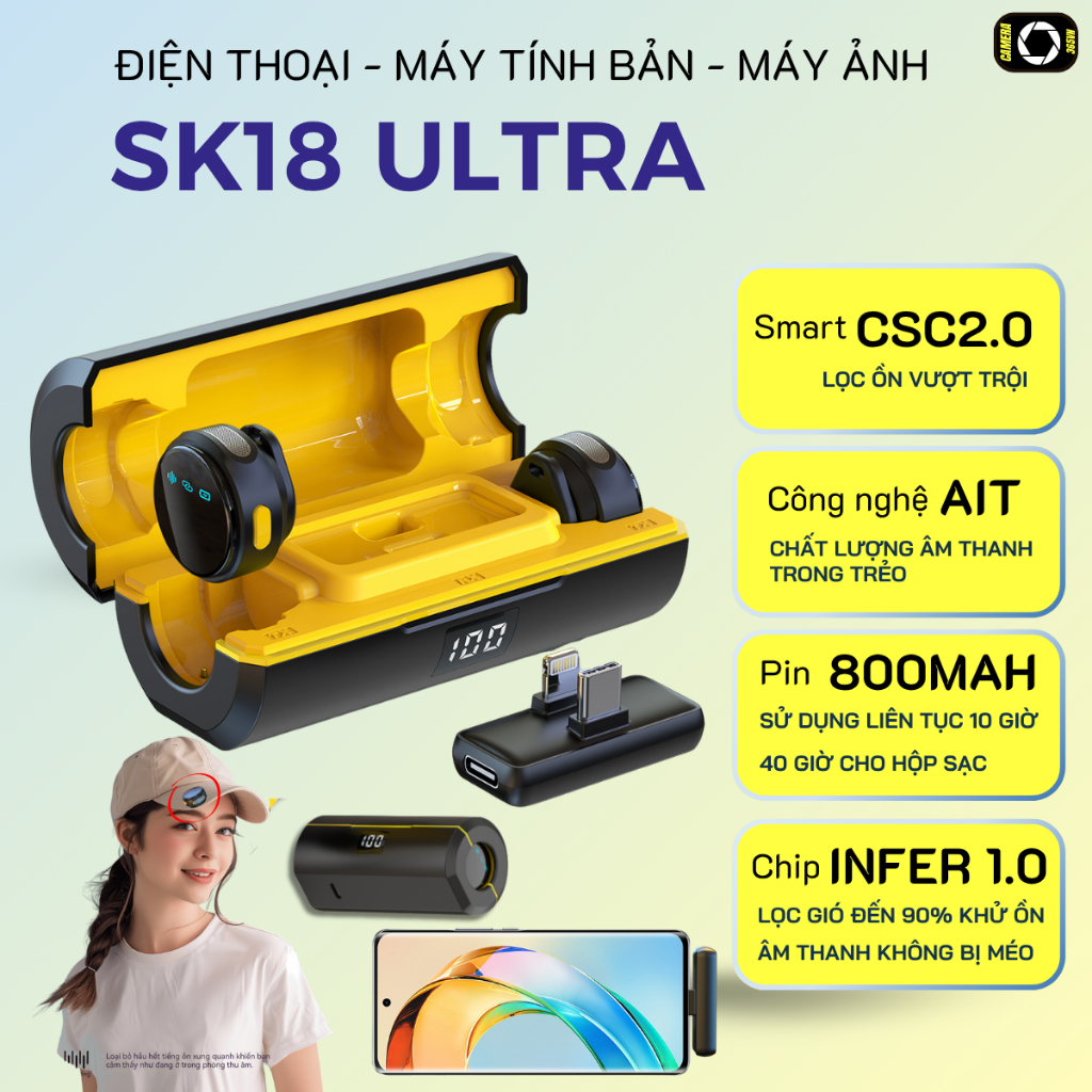 Mic cài áo thu âm không dây SK18 ULTRA dòng cao cấp, công nghệ CSC 2.0 ...