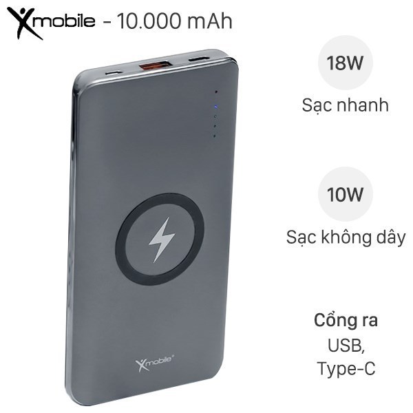 SDP không dây Polymer 10.000mAh Type C PD QC3.0 Xmobile P66D Xám ...