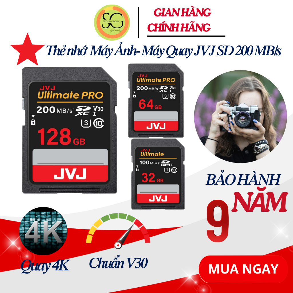 Thẻ nhớ SD 16G 32G 64G 128G JVJ Ultimate Pro Chuẩn V30 U3 Class10 100MB/s sử dụng máy ảnh, quay ...