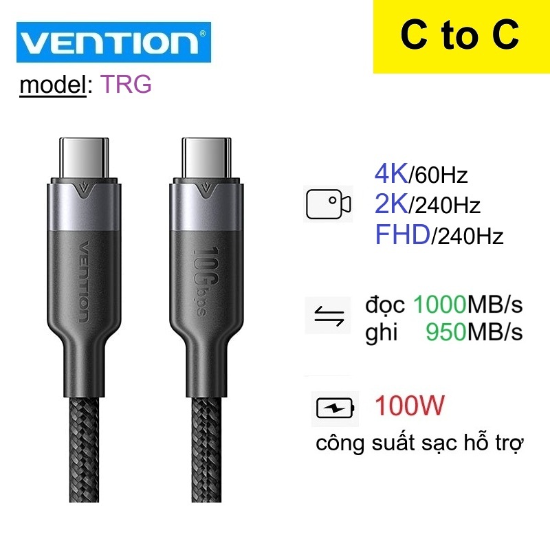 Dây Type C to Type C (C to C) 10Gbps/ 4K 60Hz/ 100W Vention TRG -Bảo ...