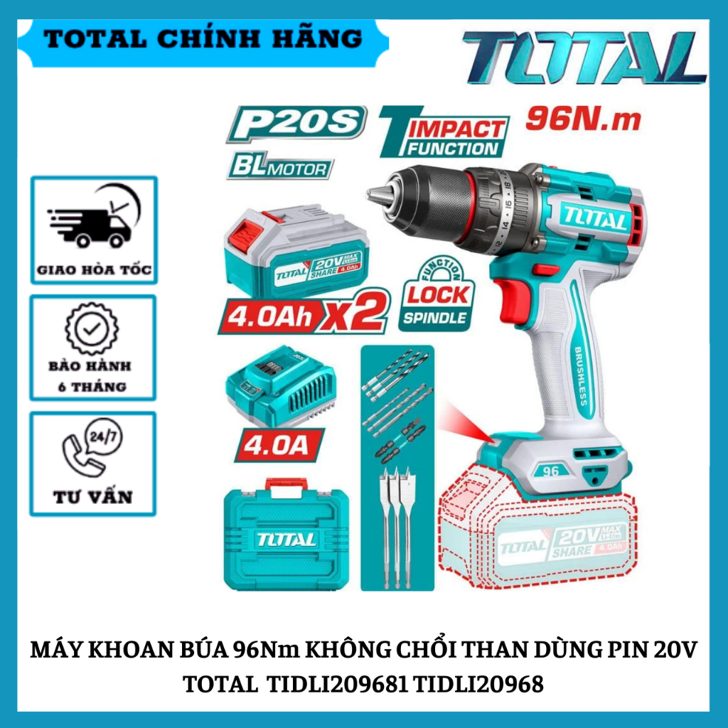 Máy khoan búa 96Nm không chổi than dùng pin 20V TOTAL TIDLI209681 ...