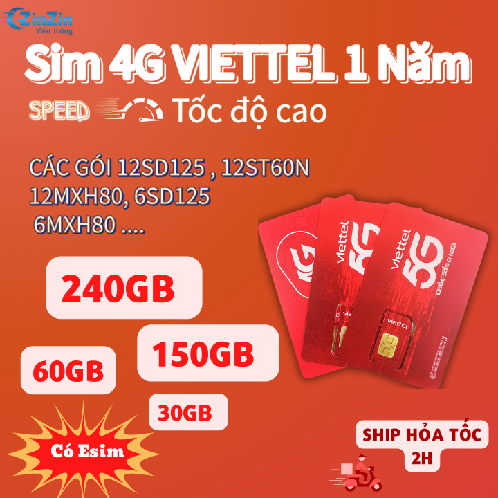 Sim 4G Viettel Trọn Gói 1 Năm 12SD125/MXH80Y/12ST60N Dùng 6-12-14 Tháng Không Phải Nạp Tiền ...