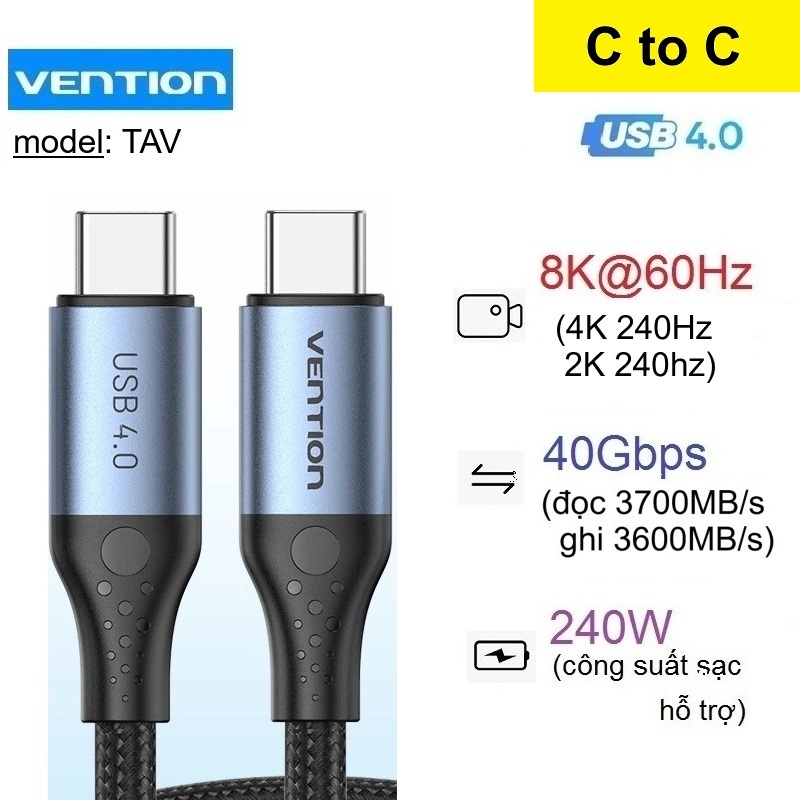 Dây Type C to Type C (C to C) USB4 40Gbps/ 8K 60Hz/ 240W Vention TAV ...