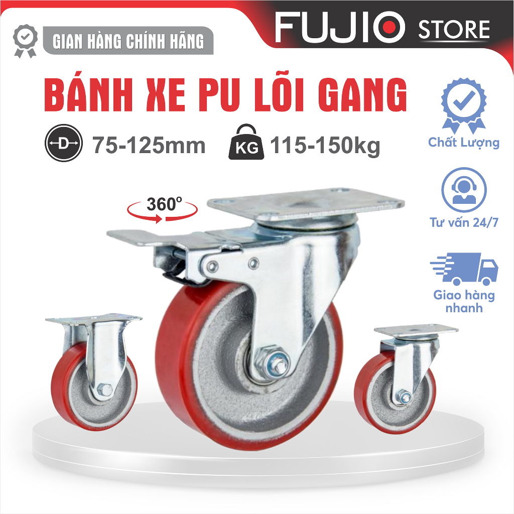 Bánh Xe Đẩy Hàng PU Lõi Gang Siêu Tải Trọng, Chống Ồn Bền Bỉ D75, D100, D125mm - FUJIO STORE ...
