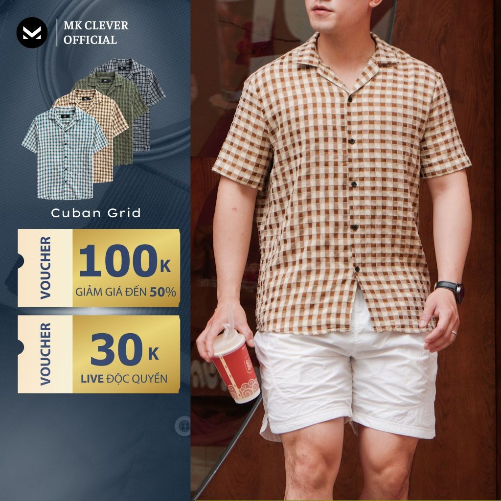 Áo Sơ Mi Cuban nam Kẻ Grid MK CLEVER Chất Đũi thô mềm mịn, thoáng mát, chống nhăn, form rộng ...
