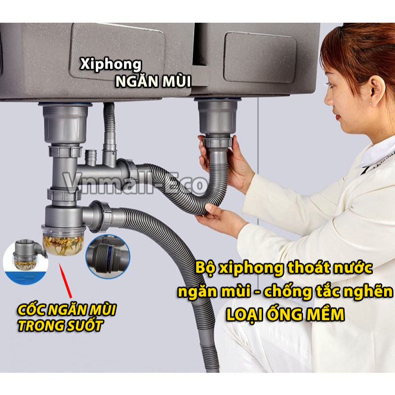 Bộ xiphong thoát nước bồn rửa bát ống mềm chống tắc ngăn mùi dùng cho ...