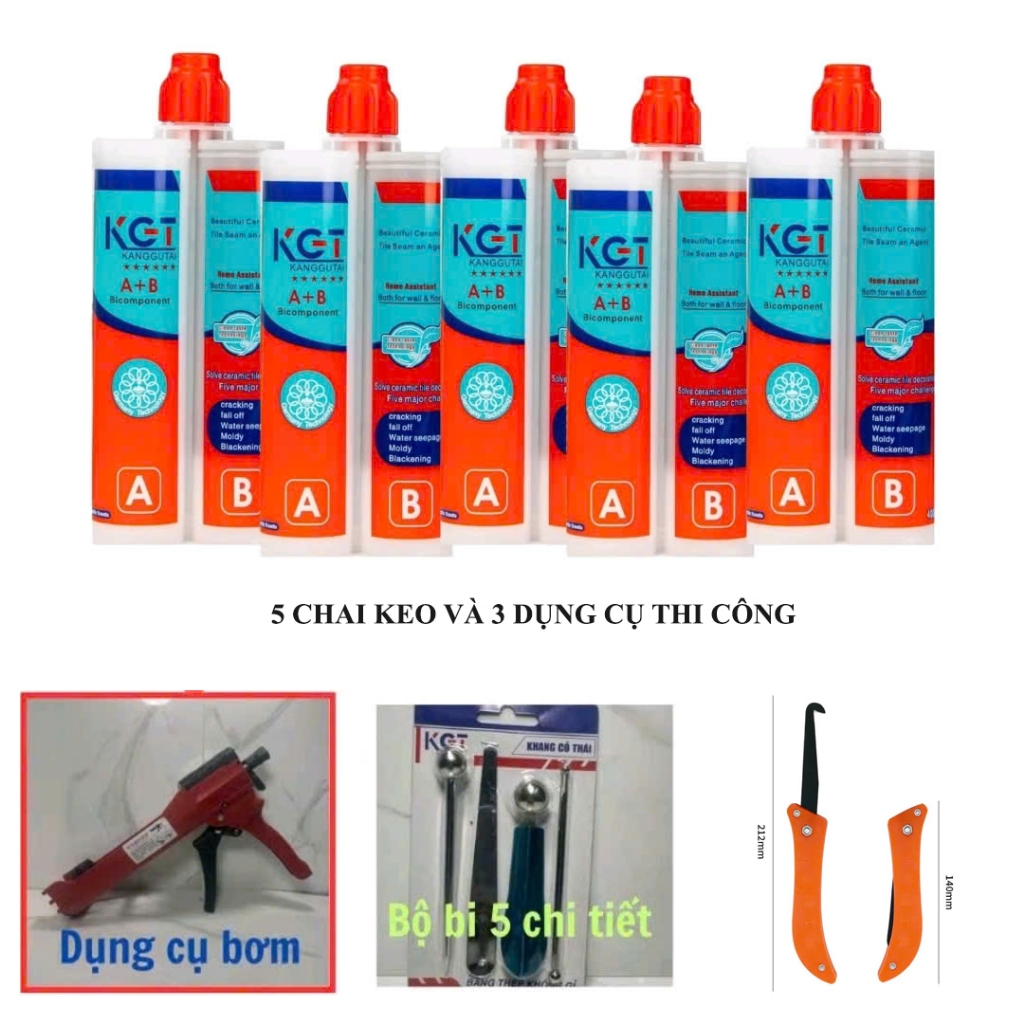 [Chính hãng] Combo 5 chai keo chà ron KGT (kèm dụng cụ bơm keo, bộ bi ...