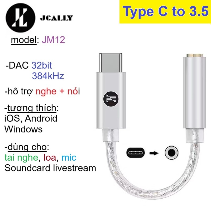 Cáp chuyển đổi Type C to 3.5 Jcally JM12 DAC 32bit/ 384kHz dùng cho ...