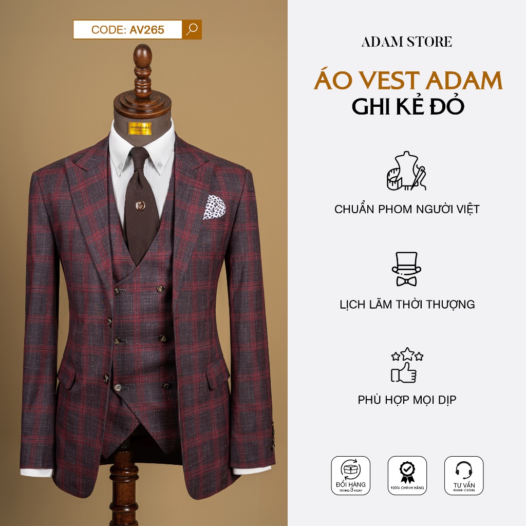 ÁO VEST ADAM STORE GHI KẺ ĐỎ AV265 SANG TRỌNG LỊCH SỰ | Shopee Việt Nam
