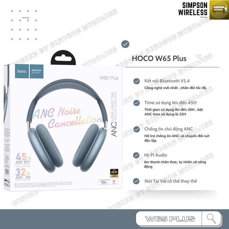Tai nghe bluetooth chụp tai Hoco W65-W65 plus ANC chống ồn chủ động pin ...