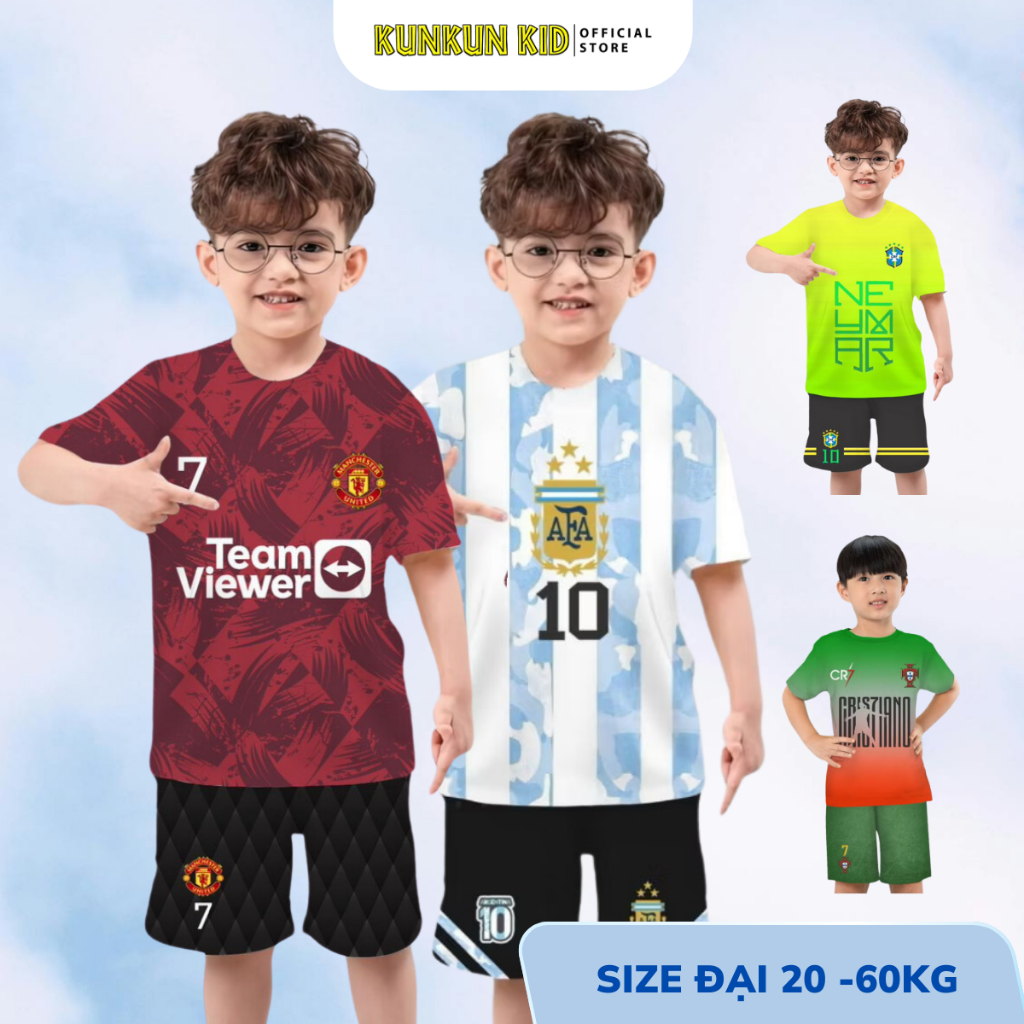 [20-60kg] Đồ đá banh bé trai hình cầu thủ Messi, Ronaldo thấm hút mồ ...