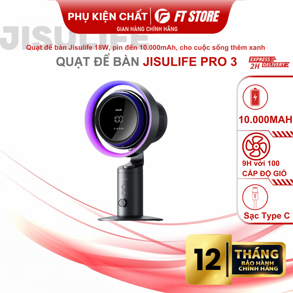 Quạt để bàn cao cấp Jisulife Pro3, Pin 10000mAh, sử dụng tới 9 giờ, màn hình LED với 100 cấp độ ...