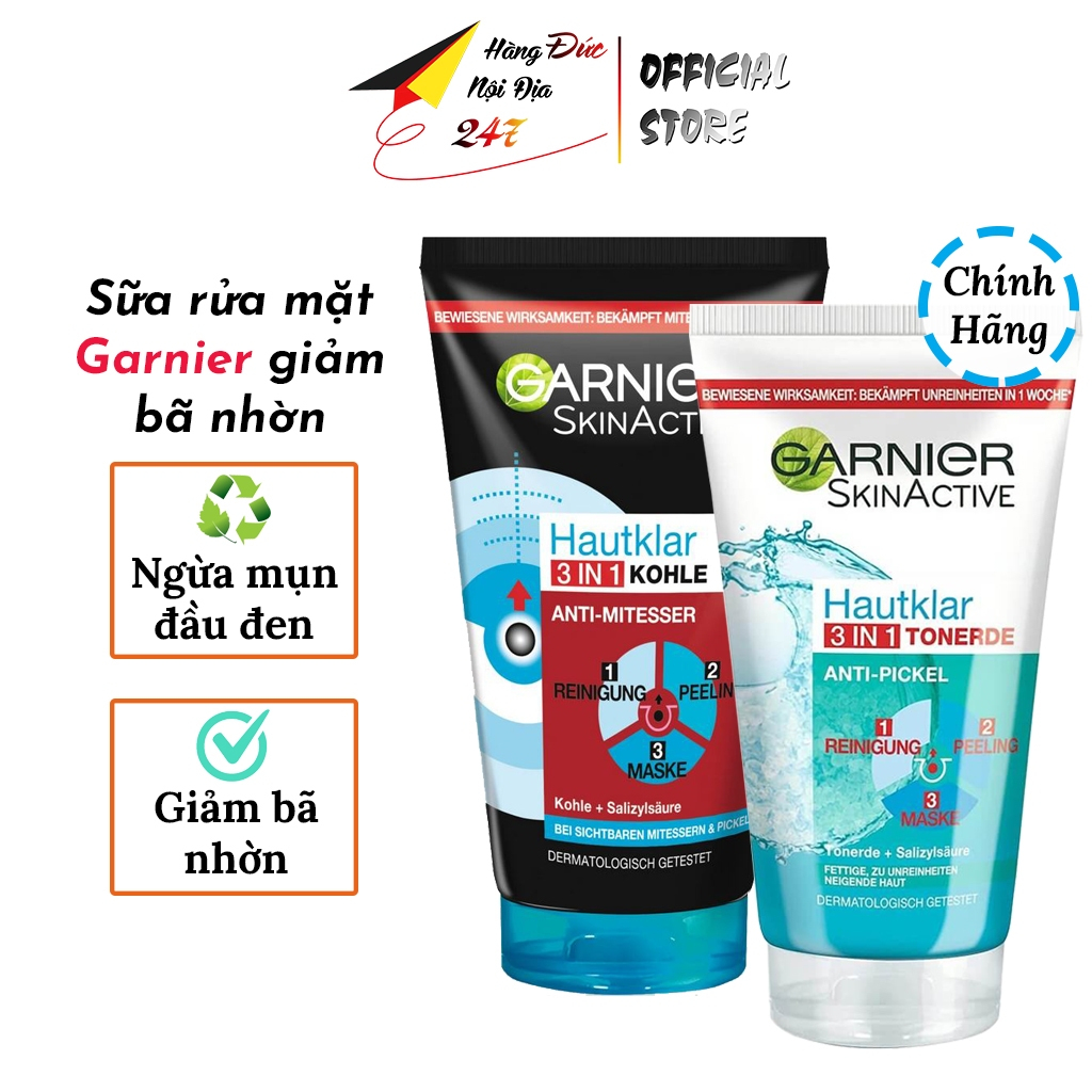 Sữa rửa mặt Garnier 3 trong 1, giảm bã nhờn sạch sâu, tẩy mụn đầu đen ...