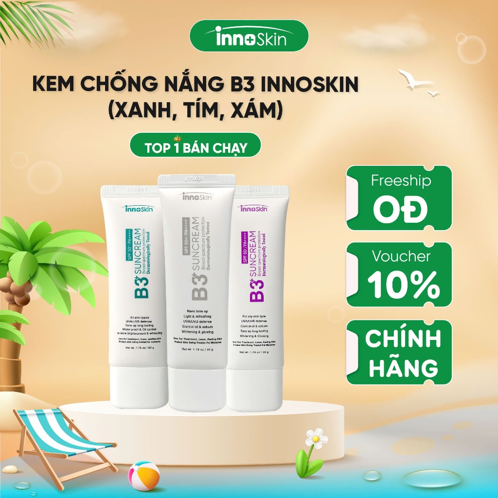Kem Chống Nắng Hàn Quốc Innoskin B3 Suncream SPF50+ PA++++ 9 Màng Lọc, Nâng Tone,Dưỡng Trắng,Mịn ...