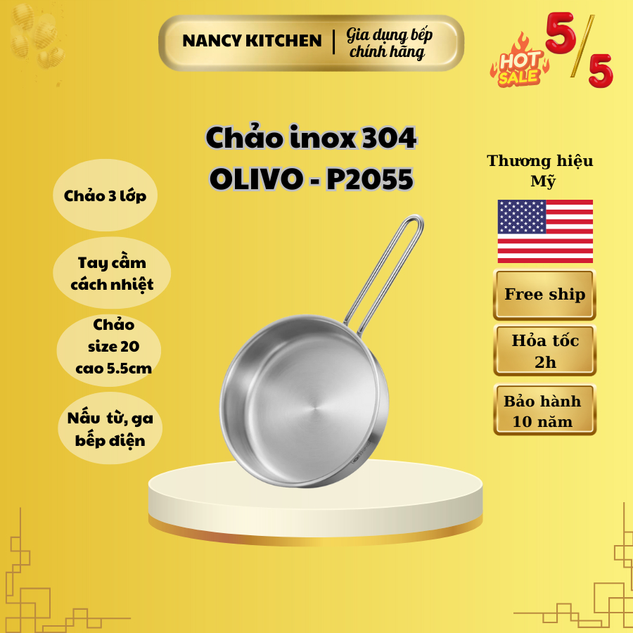 Chảo inox Olivo P2055-3 lớp-chống dính tự nhiên-cao 5.5cm-size 20cm-tay cầm cách nhiệt-chảo sâu ...