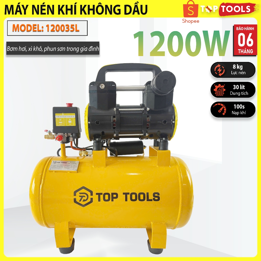 Máy nén khí mini không dầu công suất 1200w dung tích 30 Lít TOPTOOLS, bơm hơi, xì khô, phun sơn ...