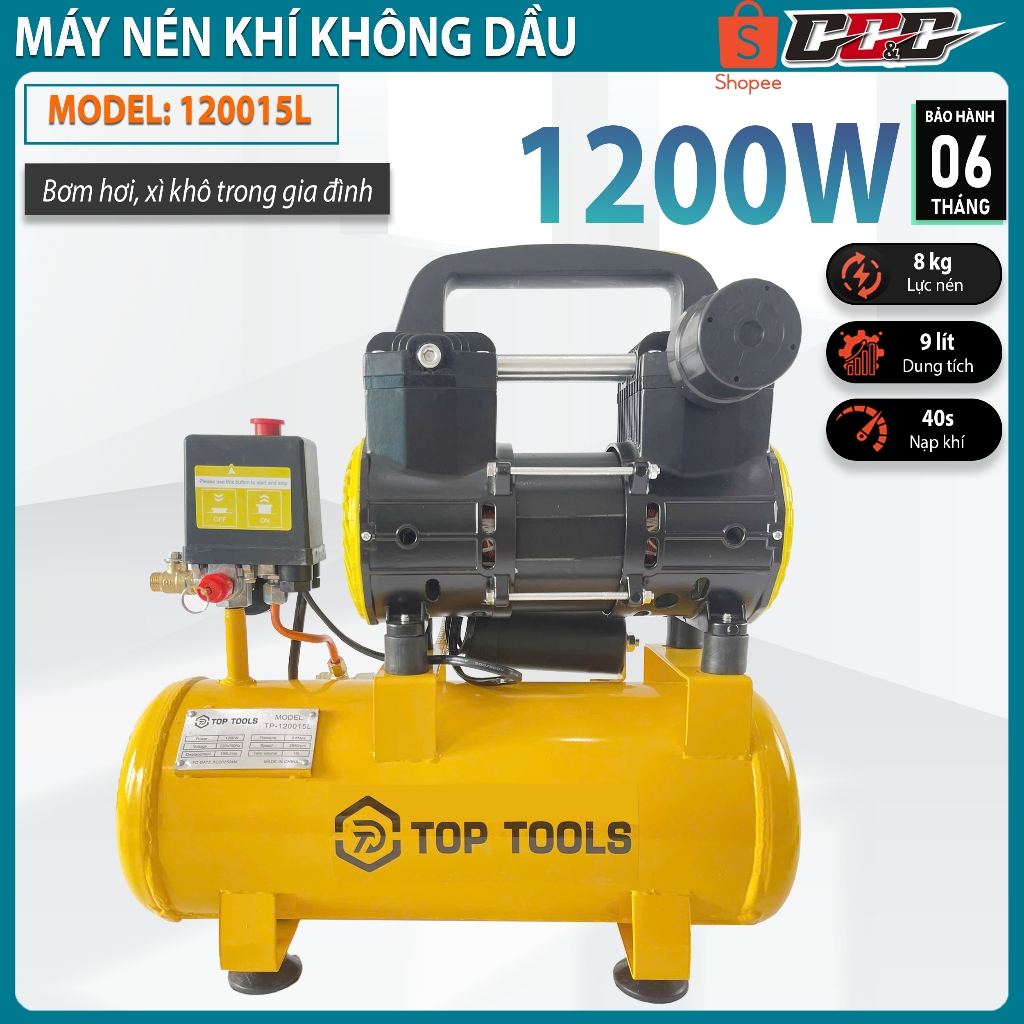 Máy nén khí mini không dầu công suất 1200w dung tích 9L TOPTOOLS, bơm hơi, xì khô, bắn đinh ...
