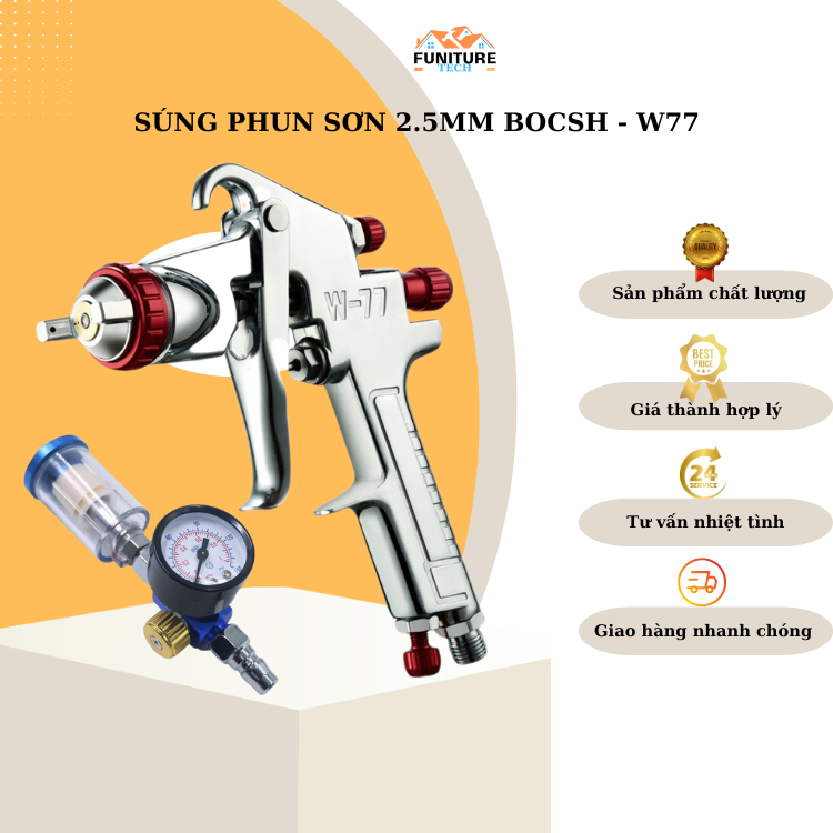 Súng Phun Sơn 2.5mm Bocsh - W77, Tia Siêu Mịn, Sơn Gỗ, Xe Máy, Nội Thất, Dụng Cụ Phun Sơn Khí ...