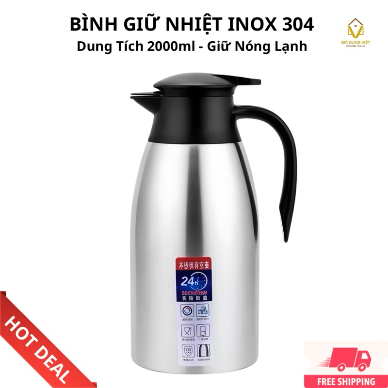 Bình Giữ Nhiệt Inox 304 Cao Cấp 2000ml, Phích Ủ Trà Cỡ Lớn, Bình Pha Trà Cafe, Giữ Nóng Lạnh ...
