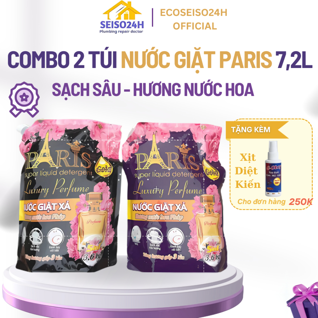 Combo 2 Túi/7,2 Lít Nước Giặt Xả Vải Quần Áo PARIS Thơm Cực Lâu Hương ...