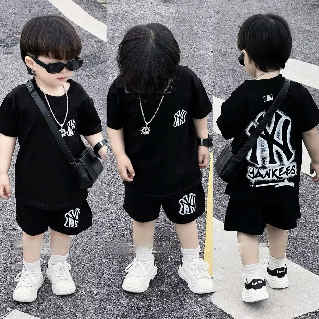 Bộ quần áo cộc tay cho bé trai hình NN.y loang trắng, bộ cotton cho bé ...