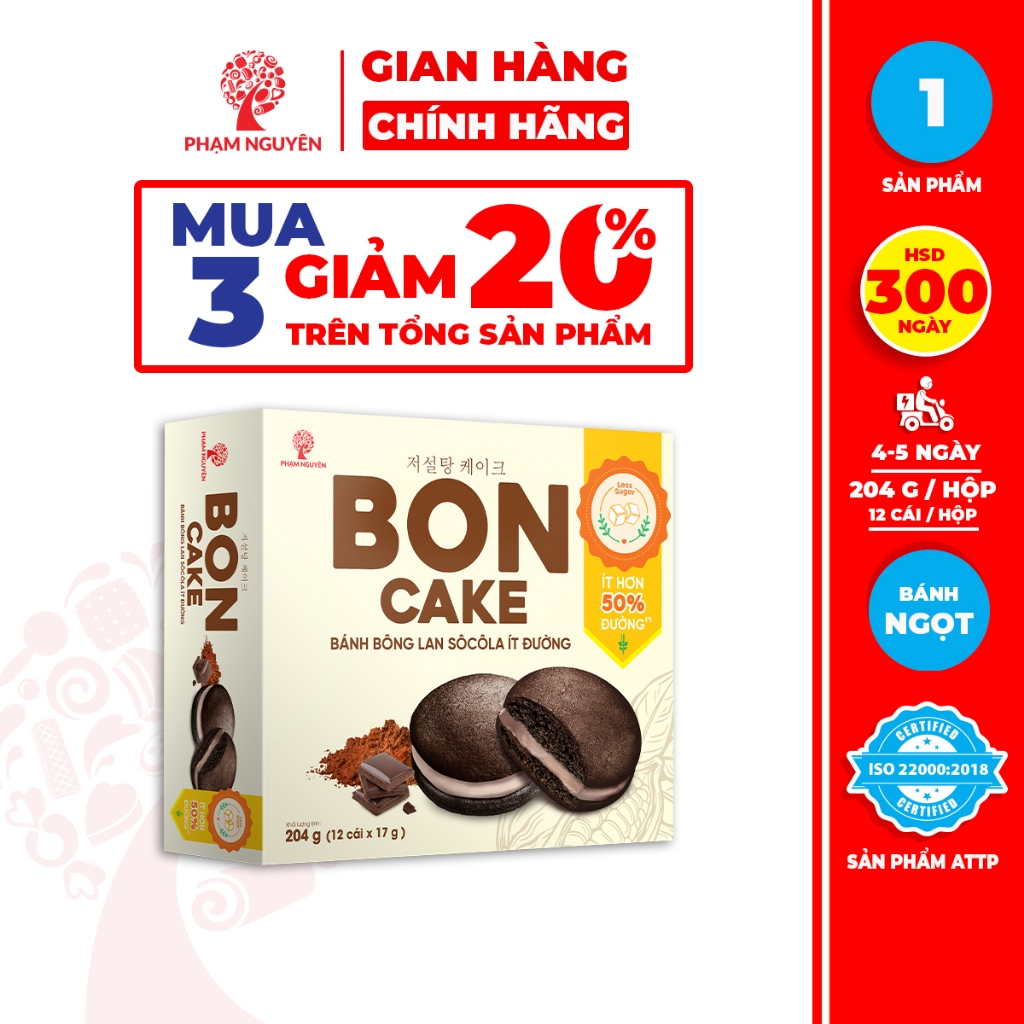 [MUA 3 GIẢM 20%] Hộp Bánh Bông Lan Sôcôla Ít Đường Bon Cake 204g | Sản phẩm ít đường | Đồ ăn vặt ...