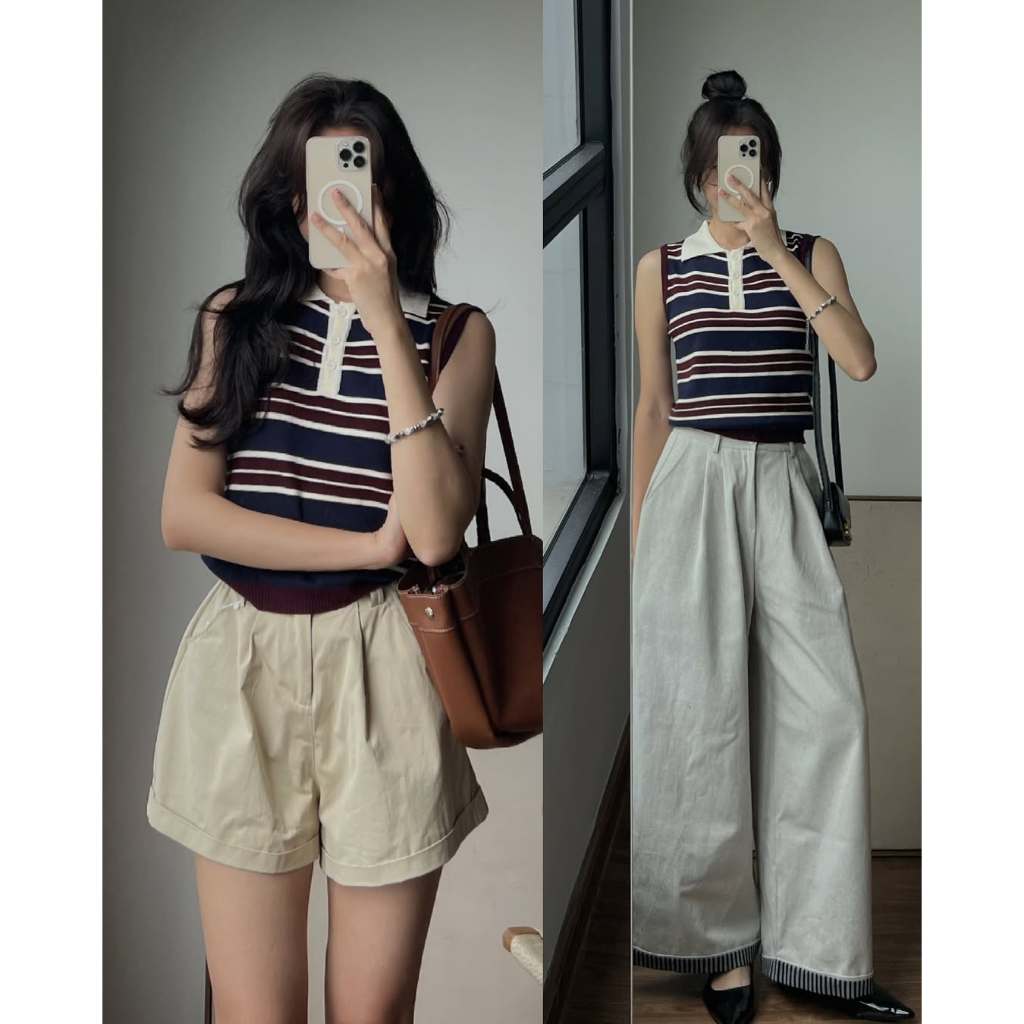 A919 Áo len kẻ polo sát nách Audrey | Shopee Việt Nam