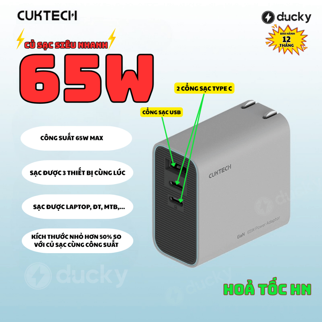 Củ Sạc Nhanh Cuktech 65W 3 Cổng 2C+1A GAN PD/PPS/QC3+ AD653C Chính Hãng - Bảo Hành 12 Tháng ...