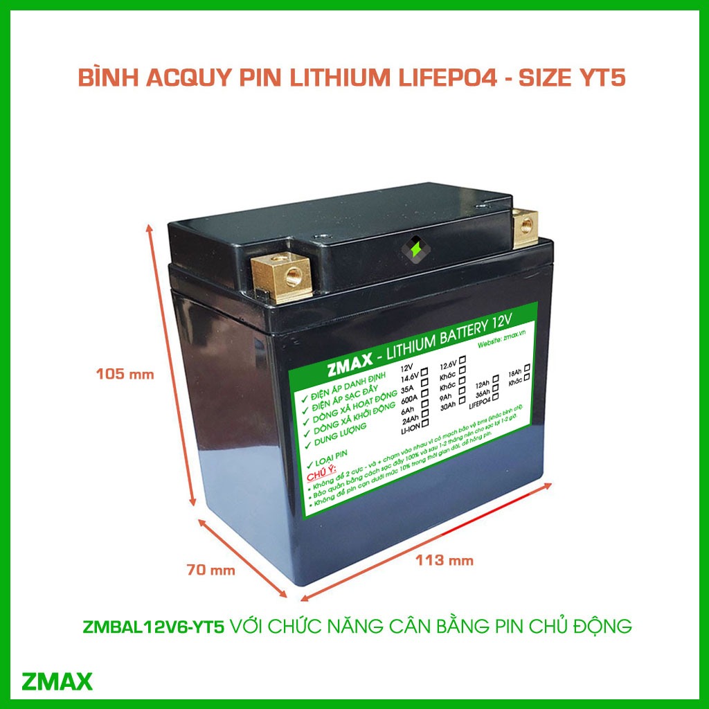 Bình Acquy ZMax Pin Lithium LifePO4 12V 6ah, ZMBAL12V6-YT5 Dùng Cho Xe ...