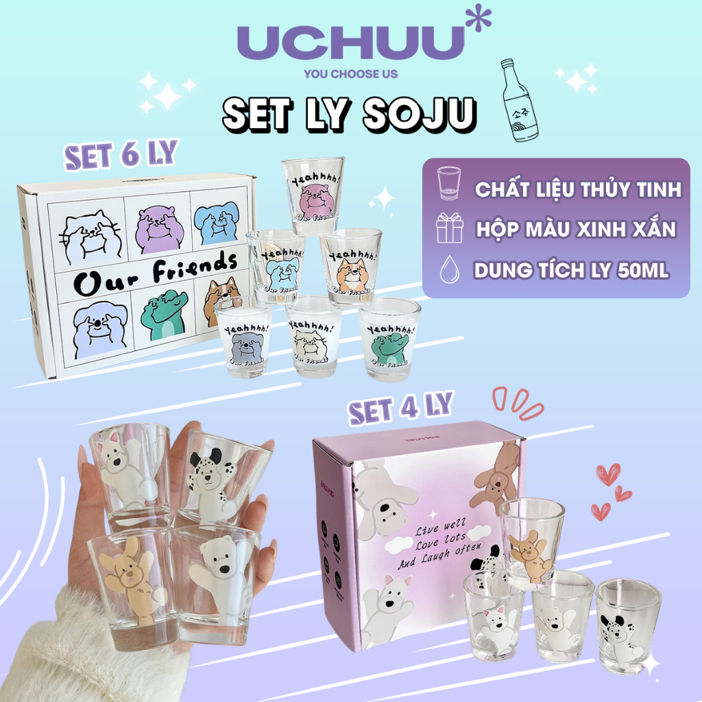 Set Ly Thủy Tinh Soju UCHUU Ly 50ml Cốc Uống Rượu Trái Cây, Hộp Quà Tặng Bộ Ly Động Vật Dễ ...