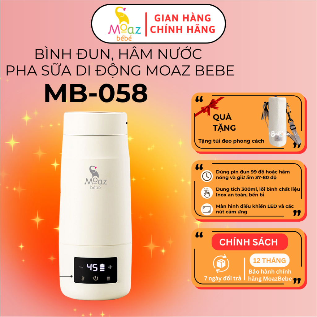 Bình đun nước pha sữa di động MOAZ BEBE MB058, giữ nhiệt độ từ 40 độ đến 80 độ có pin tích điện ...