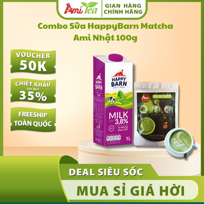 COMBO SỮA TƯỚI NGUYÊN KEM HAPPY BARN 1L + MATCHA AMI NHẬT 100G | Shopee Việt Nam